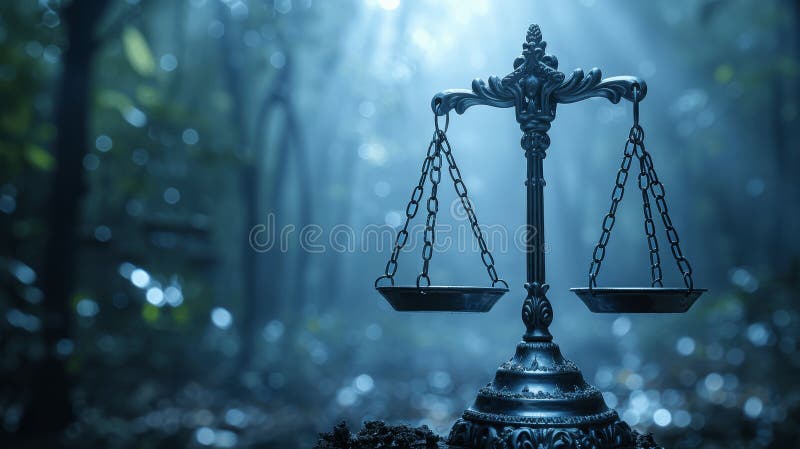 Elegant Scales of Justice and Goddess on Blue Abstract Background Stock ...