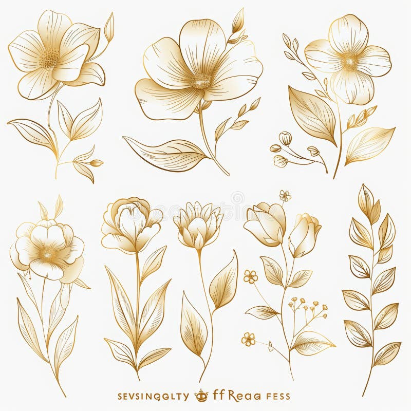 Elegant Gold Line Art Floral Elements for Wedding and Nature Designs ...