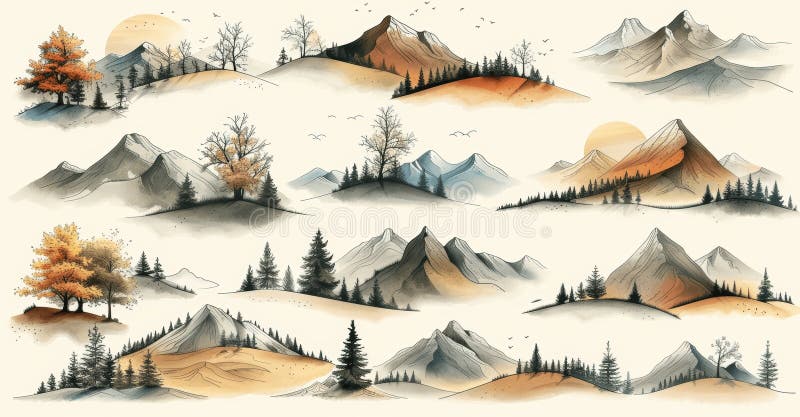 Minimalistic Pastel Hills and Abstract Shapes Vector Set Stock ...