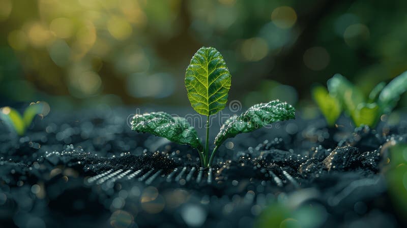 Small Plant Growing on a Computer Chip in a Tech Environment Stock ...