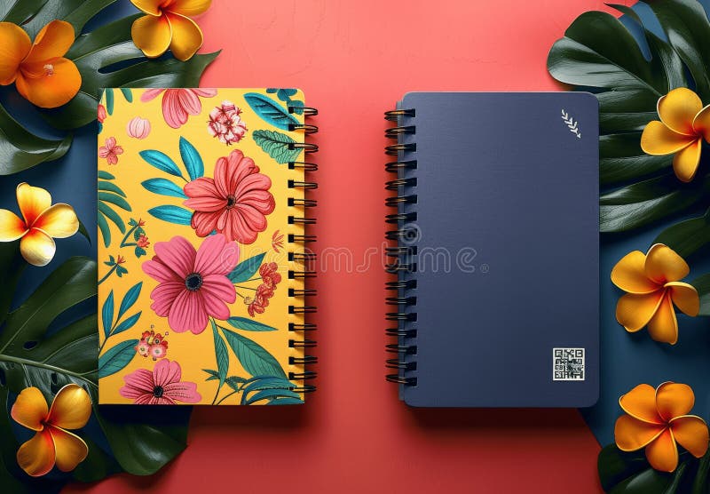 Vibrant Spiral Notebook Mockup with Floral and Dark Blue Design on Red ...