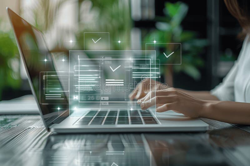 Businesswoman Using Laptop with Virtual Document Icon on Transparent ...