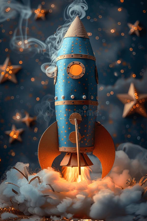 Whimsical Blue Rocket Launching into Space with Stars and Clouds Stock ...