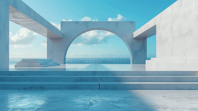 Minimalist White Concrete Platform with Blue Sky at 45-Degree Angle ...