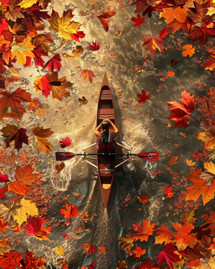 A Serene Woman Rowing Amidst Vibrant Autumn Colors Stock Illustration ...