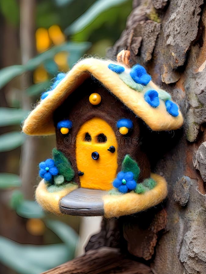 Image Generated by AI, a Felt House Decorated with Blue Flowers and ...
