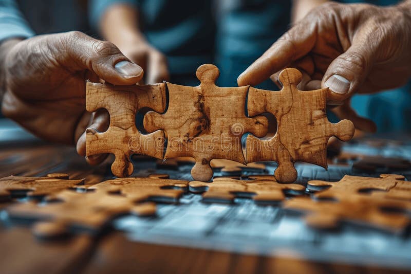 Business Professionals Collaborating with Puzzle Pieces and Blueprints ...