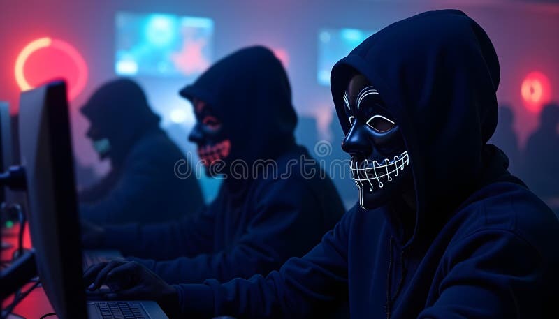 Hackers Cyberpunk Black Hat Criminals Masks Using Computers Cyber Crime ...