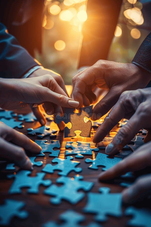 Team Collaboration on Jigsaw Puzzle with Sunset Glow Stock Illustration ...