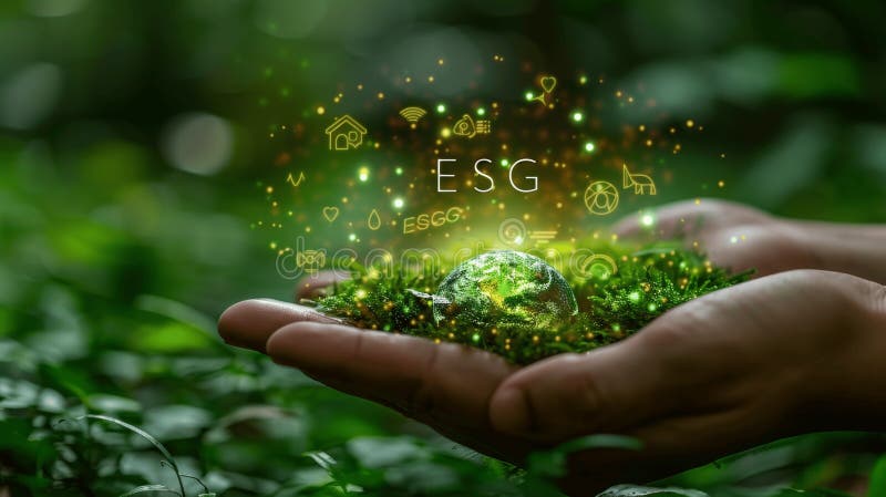 ESG Icons in Hand on Green Background with Earth Hologram and Forest ...