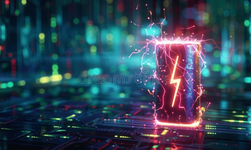 High-tech Battery with Glowing Lightning Icon on Dark Background Stock ...