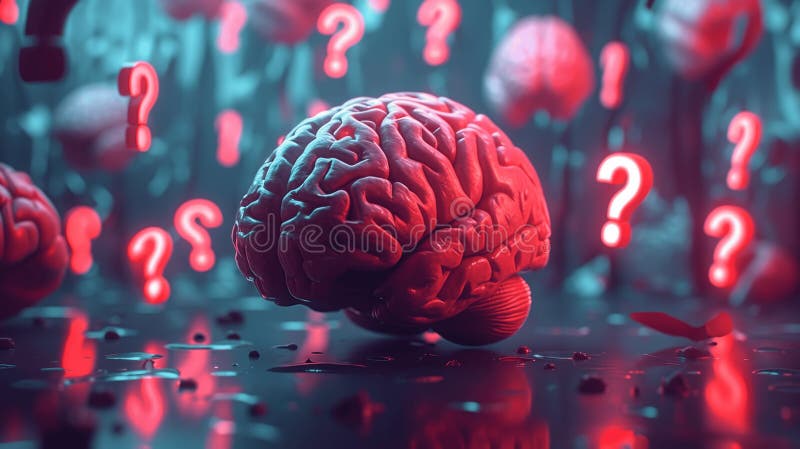 Hyper Realistic Brain Illustration with Question Marks in 3D Stock ...