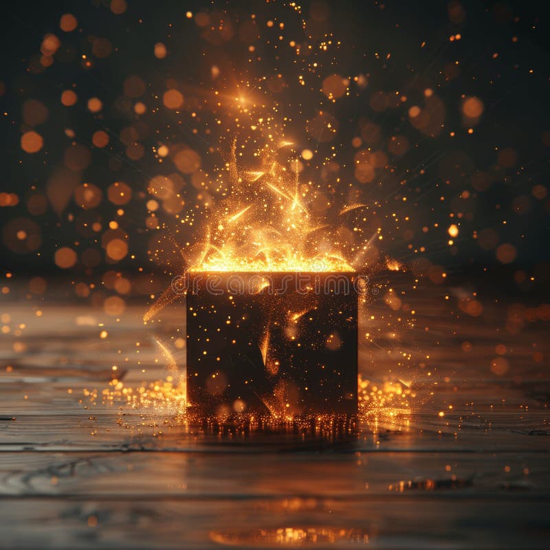 Glowing Magic Light Burst from Open Black Box on Wooden Floor Stock ...
