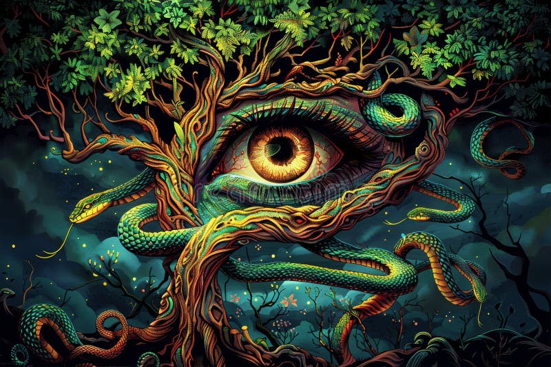 Colorful Fantasy Tree with Eye and Serpents Vector Art Illustration ...