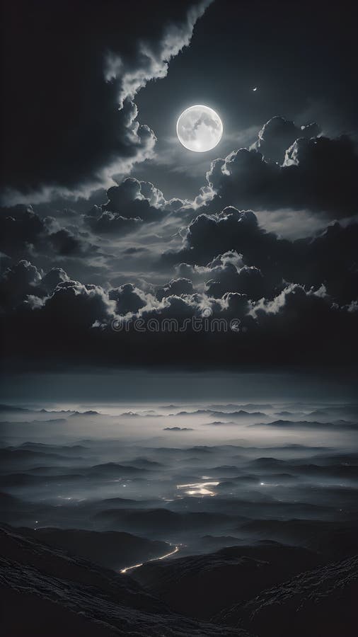 Moon Landscape with Clouds in Spooky Night Fantasy Over the Mist ...