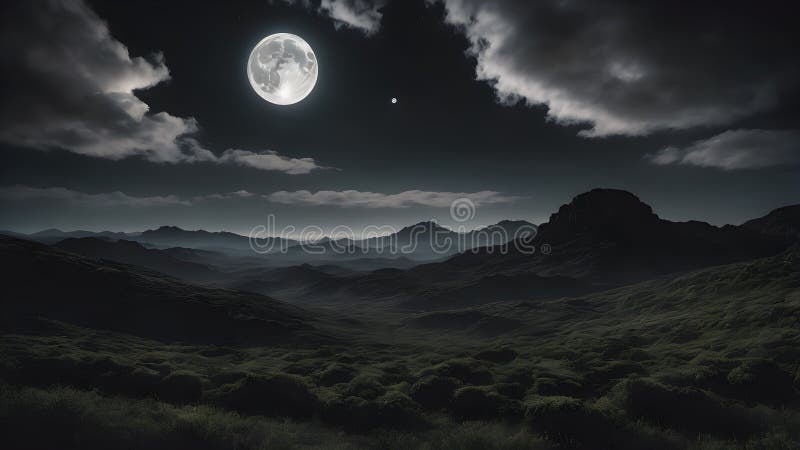 Full Moon Landscape with Clouds in Spooky Night Fantasy Over the Mist ...