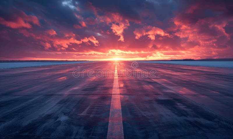 Runway Extending into Horizon with Dramatic Sunset and Vivid Sky Stock ...