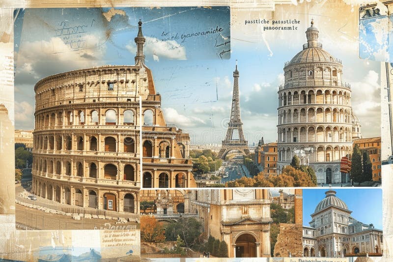 Vintage European Landmarks Postcard Collage with Retro Architecture ...
