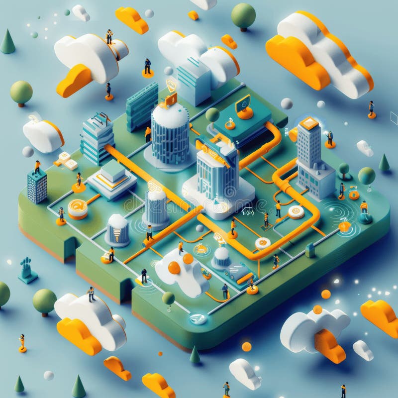 Isometric Cloud Computing Network with Tiny People and Buildings in ...