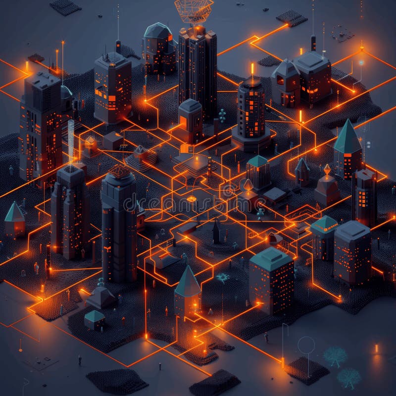 Abstract Isometric Network Blocks People Orange Lines Dark Background Low Poly Concept Art Stock ...