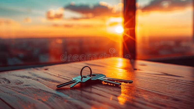 Modern Apartment with Sunset City View and Keys on Table Stock ...
