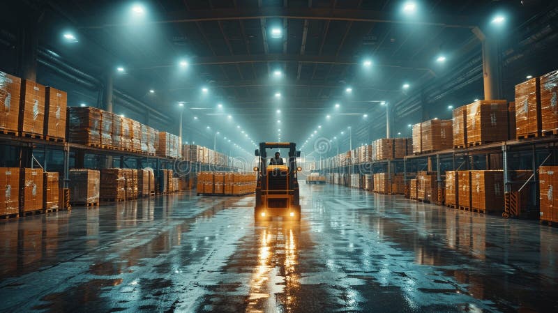 Large Industrial Warehouse with Forklifts Moving Pallets of Cardboard ...