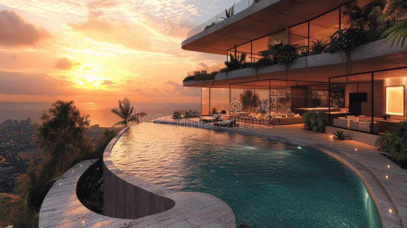Luxurious Modern Mansion With Panoramic City And Ocean Views Stock Illustration Illustration