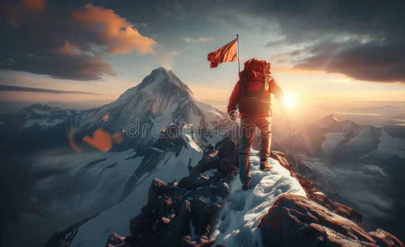 Man Climbing Mountain Peak with Red Flag in Sunset Light Stock ...