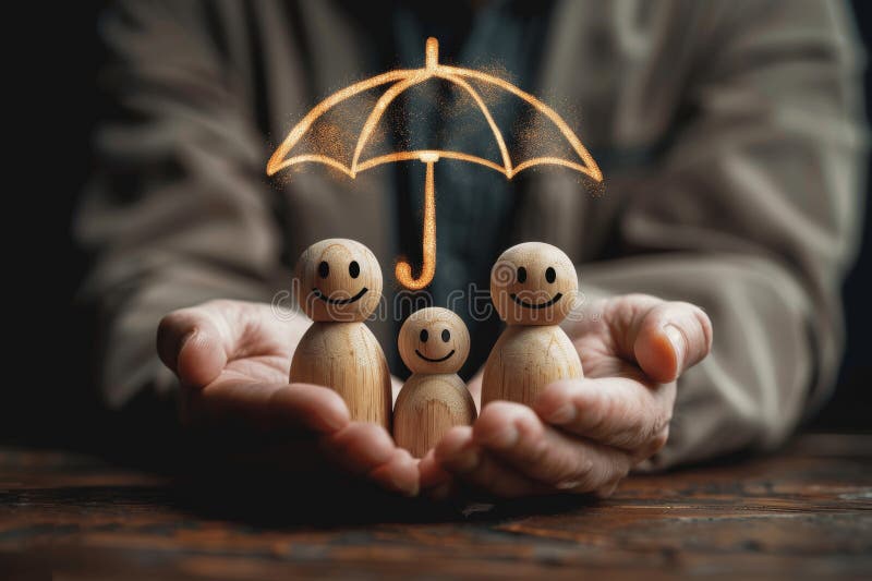 Man Protecting Family Wooden Figures with Insurance Symbol Stock ...