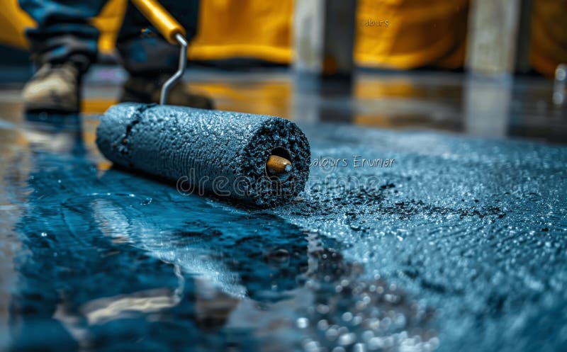 Man Applying Grey Self-Leveling Paint on Concrete Floor for Home ...