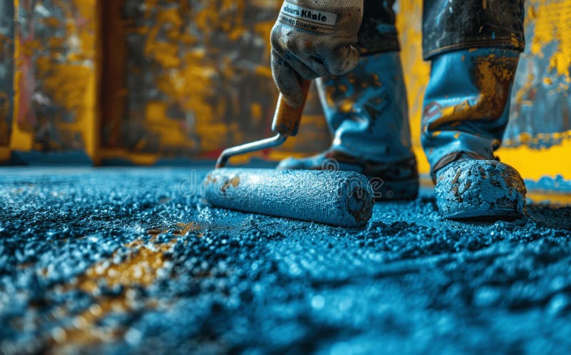 Man Applying Grey Self-Leveling Paint on Concrete Floor for Home ...
