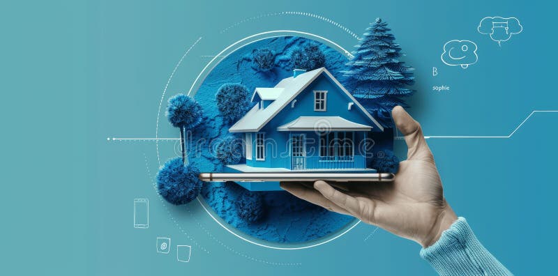 Minimalistic Blue House Collage on Smartphone with Copy Space for Text ...