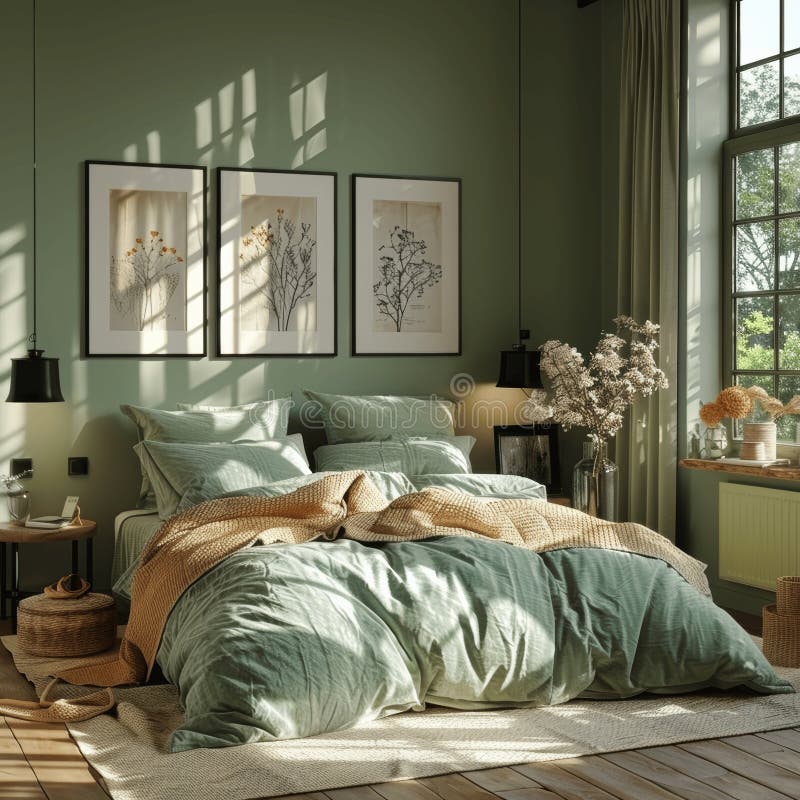 Modern Mint Green and Beige Bedroom with Poster Frames Above Bed and ...