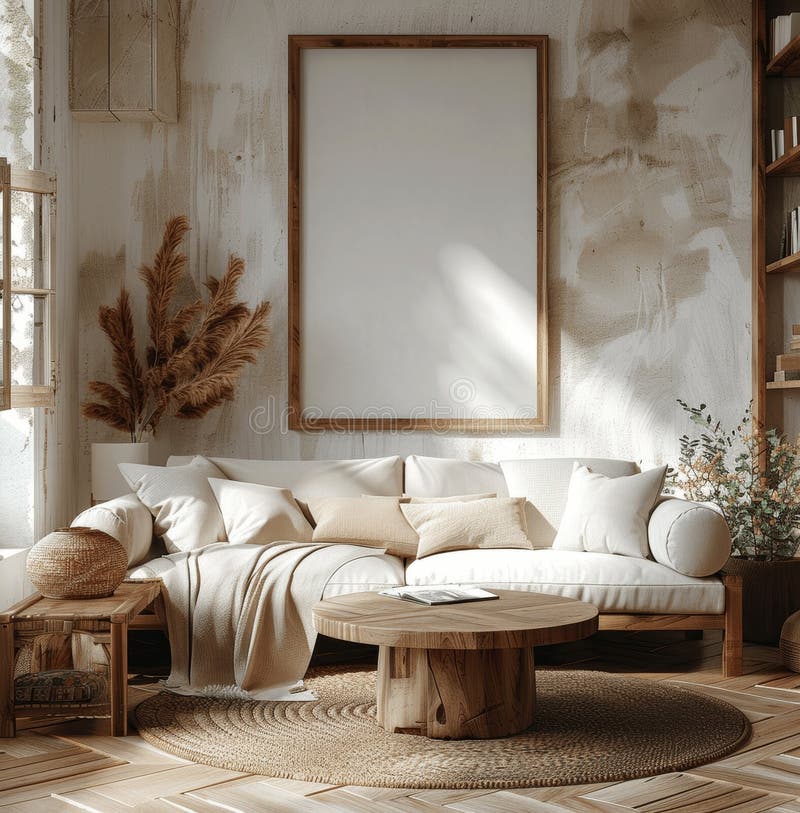 Modern Boho Living Room with Blank Wooden Frame Mockup and Cozy Sofa ...