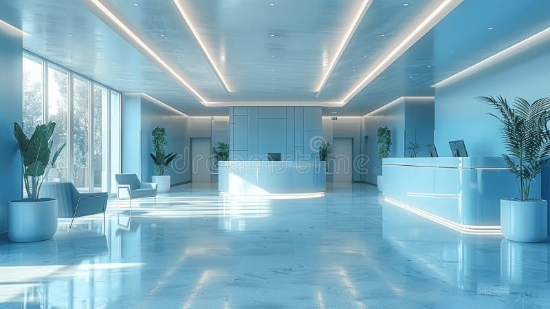 Modern Hospital Reception with Light Blue and White Colors Stock ...