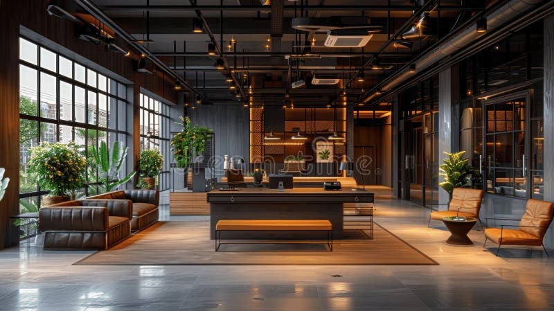 Modern Industrial Office Space Interior Design with Glass Windows and ...