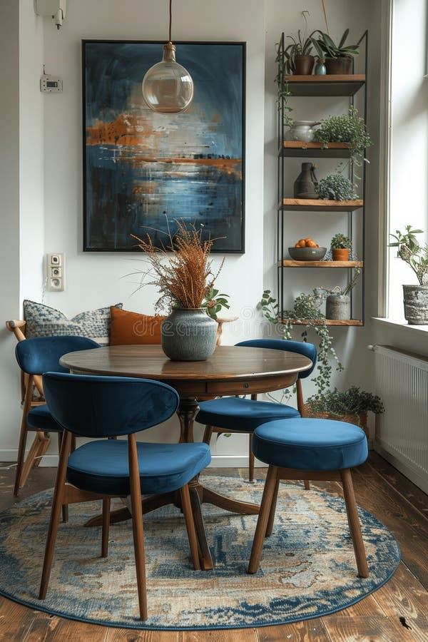Modern Minimalist Dining Room Interior with Blue Table and Chairs Stock ...