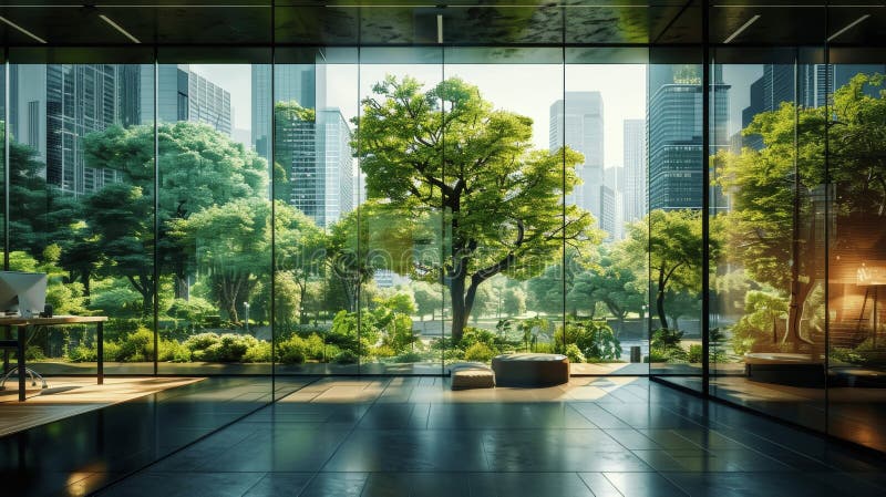Modern Eco-Friendly Glass Office with Panoramic Windows and Green Trees ...