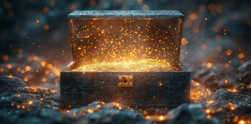 Enchanted Mystical Box with Glowing Light Particles on Dark Background ...