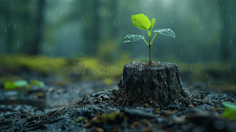 Emerging Life: a New Tree Growing in Dark Forest Morning Stock ...