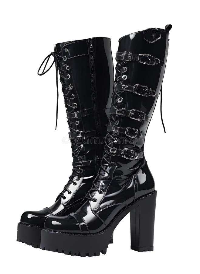 Pair of Black Goth Boots with Chunky Heels Multiple Buckles and Lace-up ...