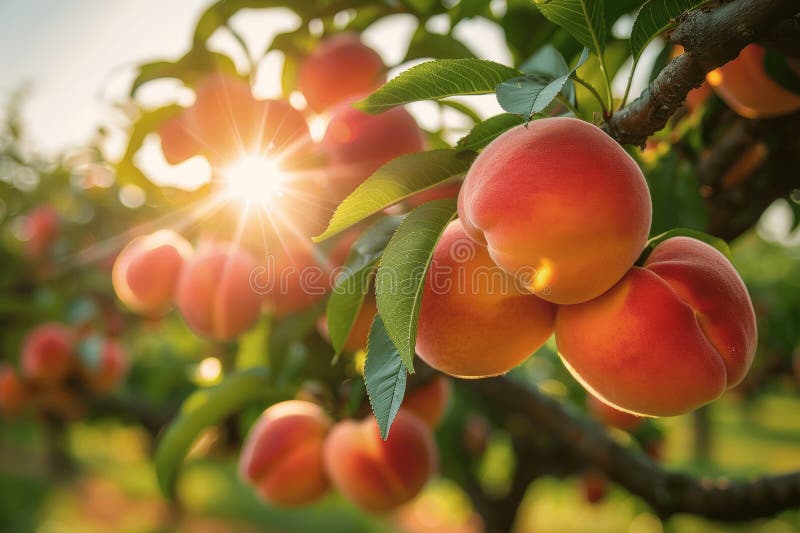 Ripe Peaches on Tree in Sunny Orchard Stock Illustration - Illustration ...
