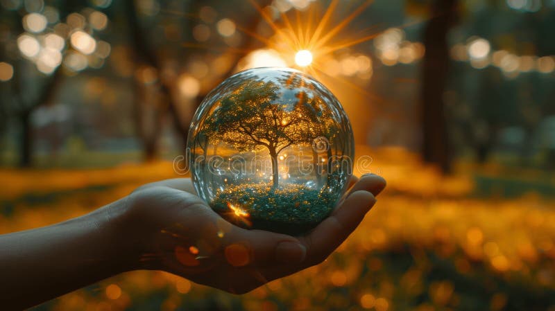 Glass Sphere with Tree Inside Held by Person in Forest with Sun Rays ...