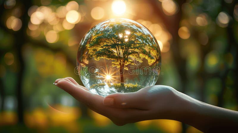 Glass Sphere with Tree in Sunlit Forest - Environment Conservation ...
