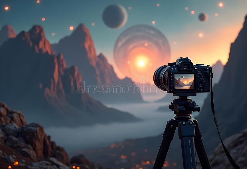 Camera and Tripod Capturing Surreal Fantasy and Alien Universe Lens ...