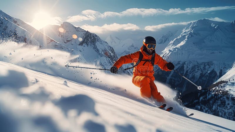 Professional Skier Skiing Down Alpine Mountain Range in Sunny Day Stock ...