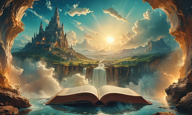 Fantasy Landscape with Open Book Stock Illustration - Illustration of ...