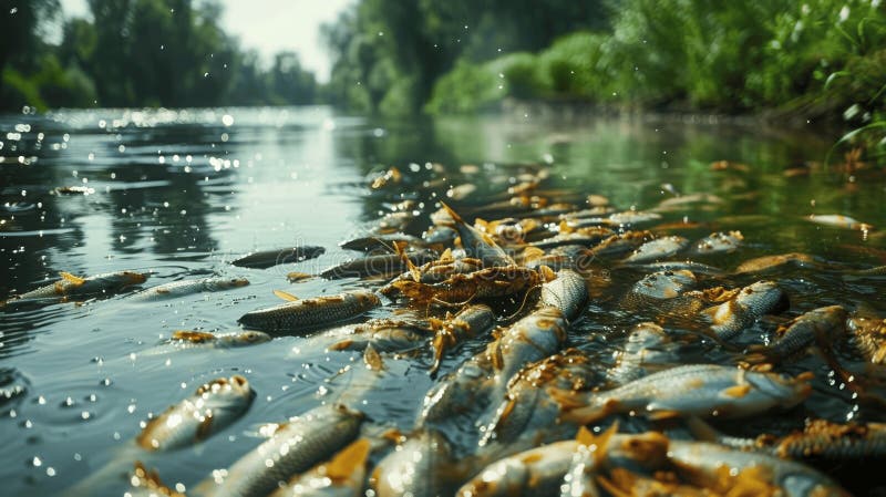 Polluted River with Dead Fish Floating on Murky Water Stock ...