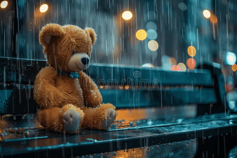 Lonely Teddy Bear in Rainy Night City Stock Illustration - Illustration ...