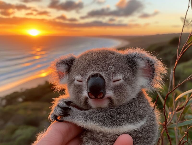 Adorable Koala at Sunset by the Ocean Stock Illustration - Illustration ...
